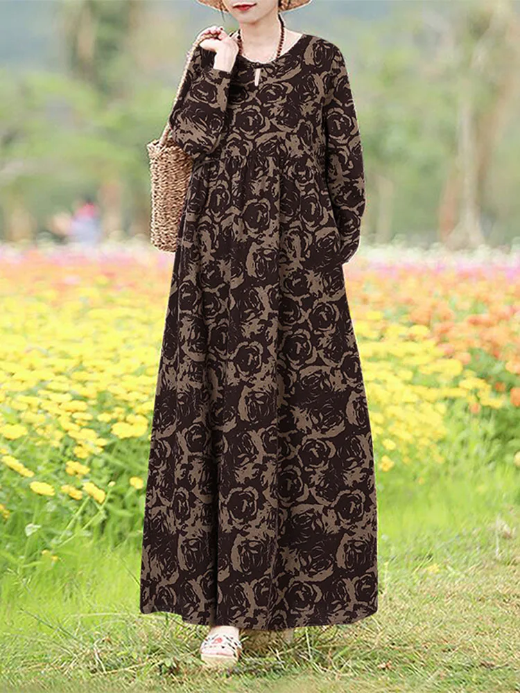 Vintage Floral Dress Woman 2025 ZANZEA Autumn Bohemian Long Dresses ...