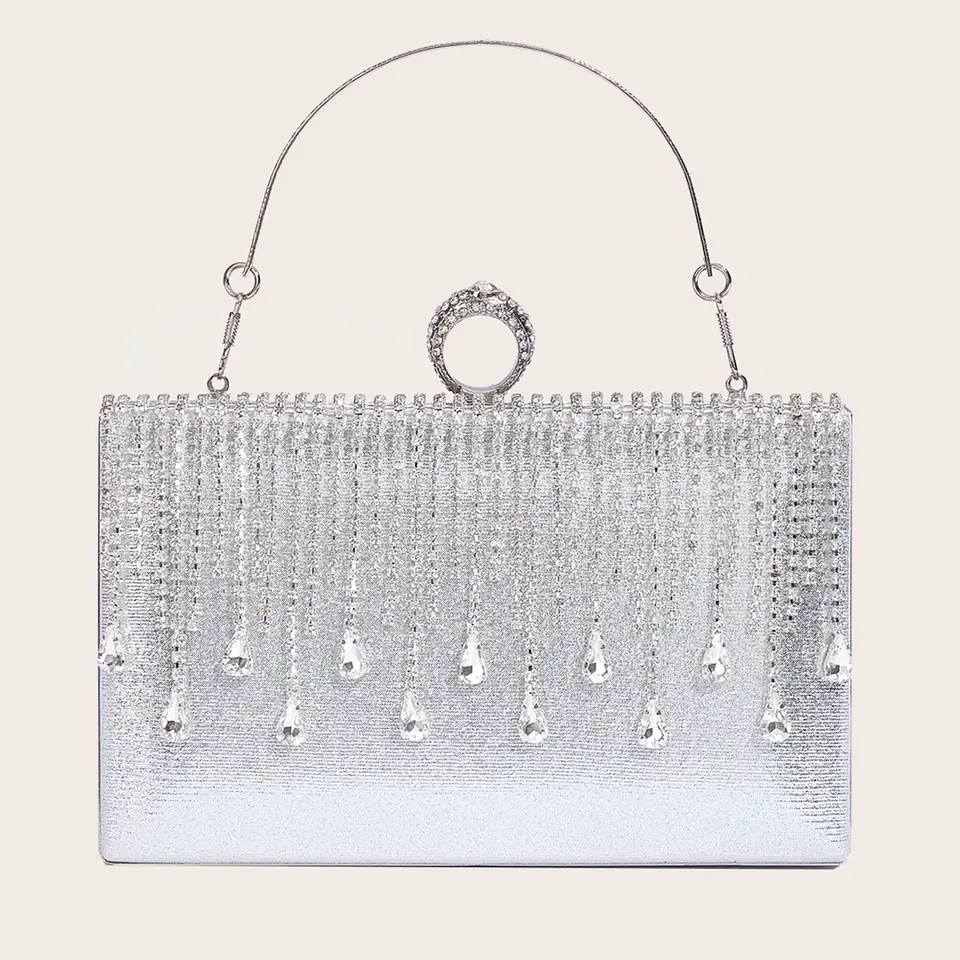 Elegant Silver Clutch With Rhinestone Tassels For Evening Parties And ...