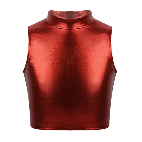Kids Girls Metallic Shiny Crop Tops Vest Turtleneck Jazz Modern Street ...