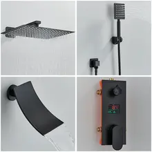 Matte Black LED Digital Display Shower Faucet Set Rain Waterfall Black ...