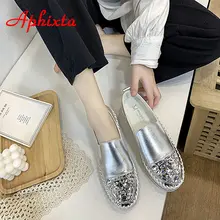 Aphixta Crystals Round Toe Leather Flats Shoes Women Silver Bling ...
