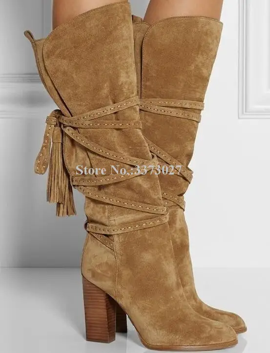 New Beige Suede Chunky Heel Long Boots With Tassels And Cross Ropes.