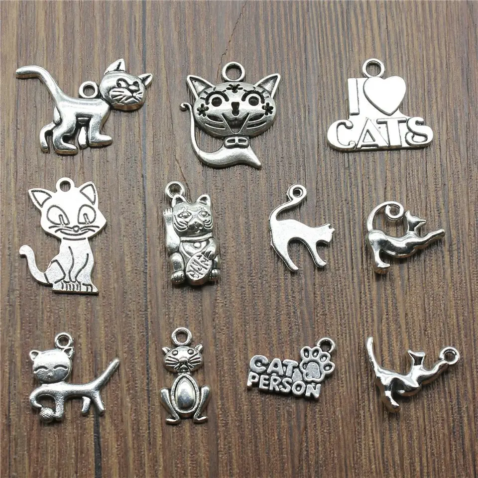 10pcs Charms Cat Antique Silver Color Cute Cat Pendant Charms Kawaii ...