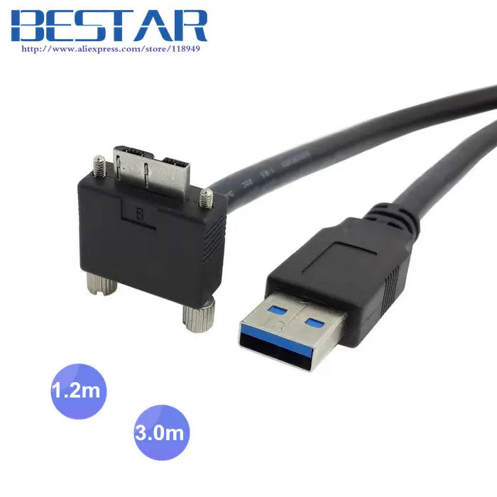 90° Angled Micro-Usb 3.0 Data Cable, Lock Screw Mount, 1M-16Ft Lengths.