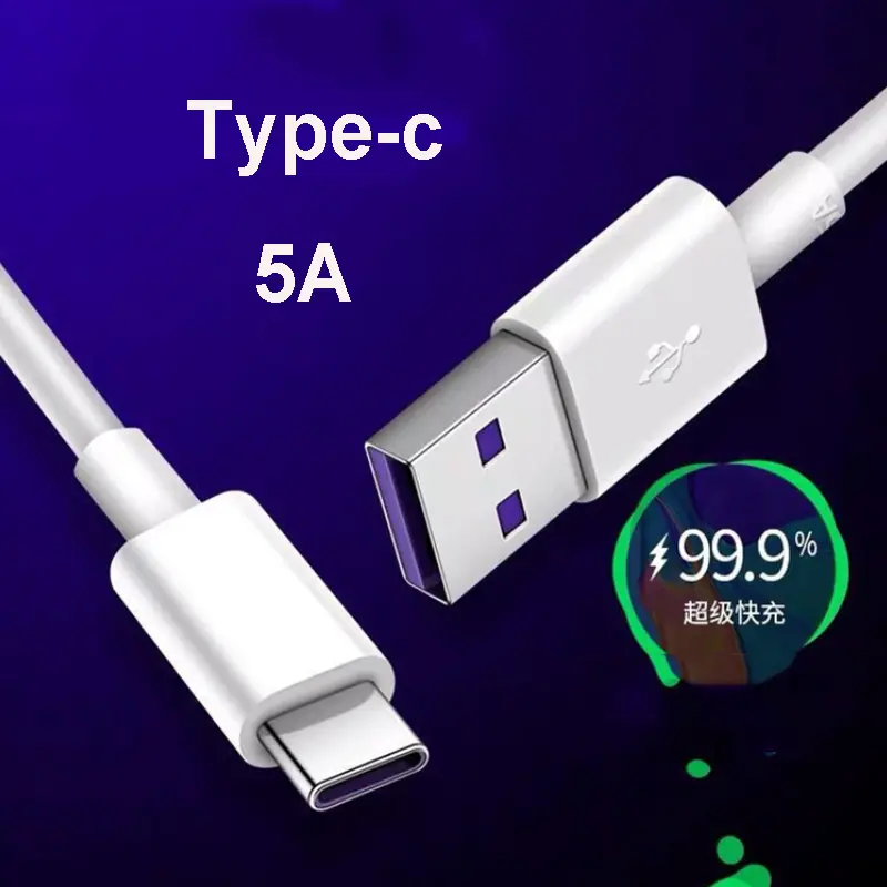 Fast 5A Usb Type C Cable For Samsung, Xiaomi, Huawei, White Charge Wire.