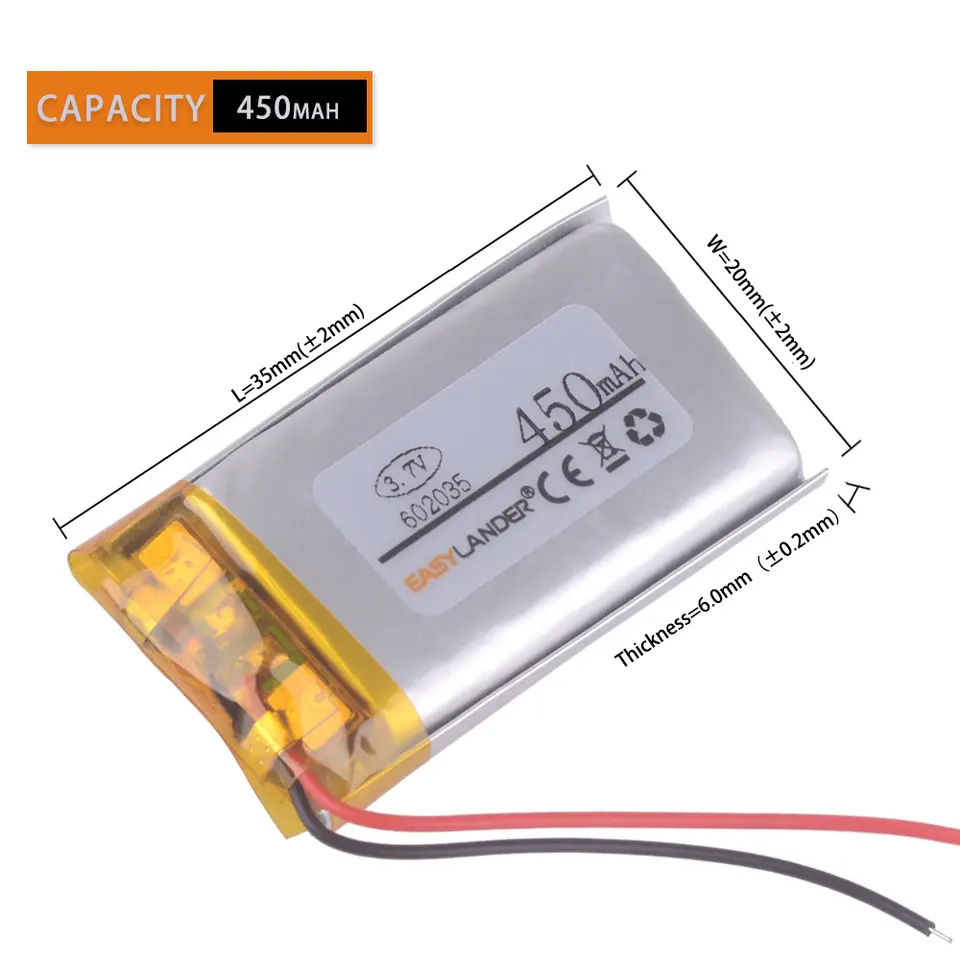 3.7V 450mAh 602035 Rechargeable Lithium Li-ion Polymer Battery For GPS ...