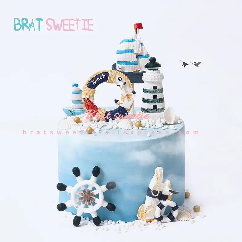 Marine-Themed Party Cake Topper, Ship Wheel & Anchor Decorations.