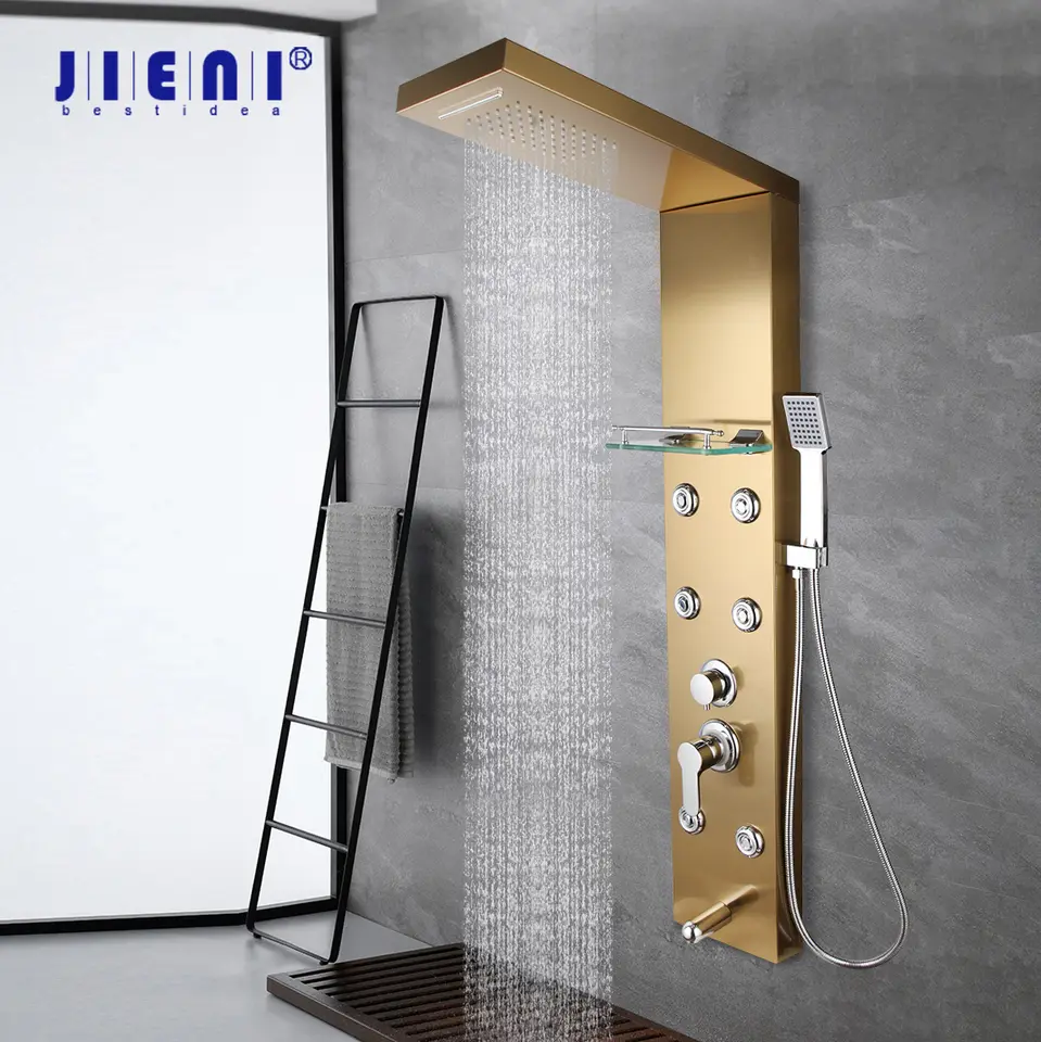 Golden-Plated Shower Column With Massage Spout And Shelf – Jieni Bathroom Faucet Trendsetter.