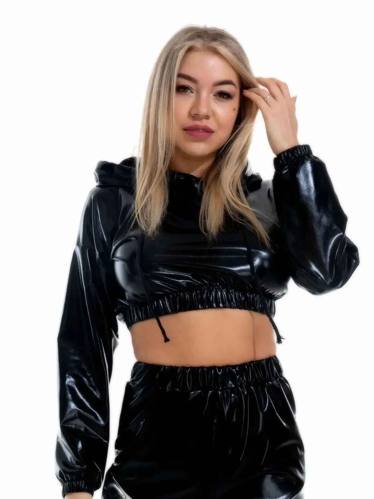 Sexy Cropped Holographic Hoodies Women Shiny PU Metallic Hoody Long ...