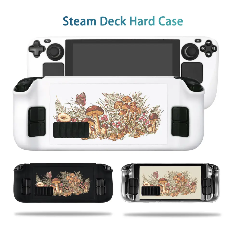Black Anti-Scratch, Non-Slip Steam Deck Case, Cottage Mushroom Design.