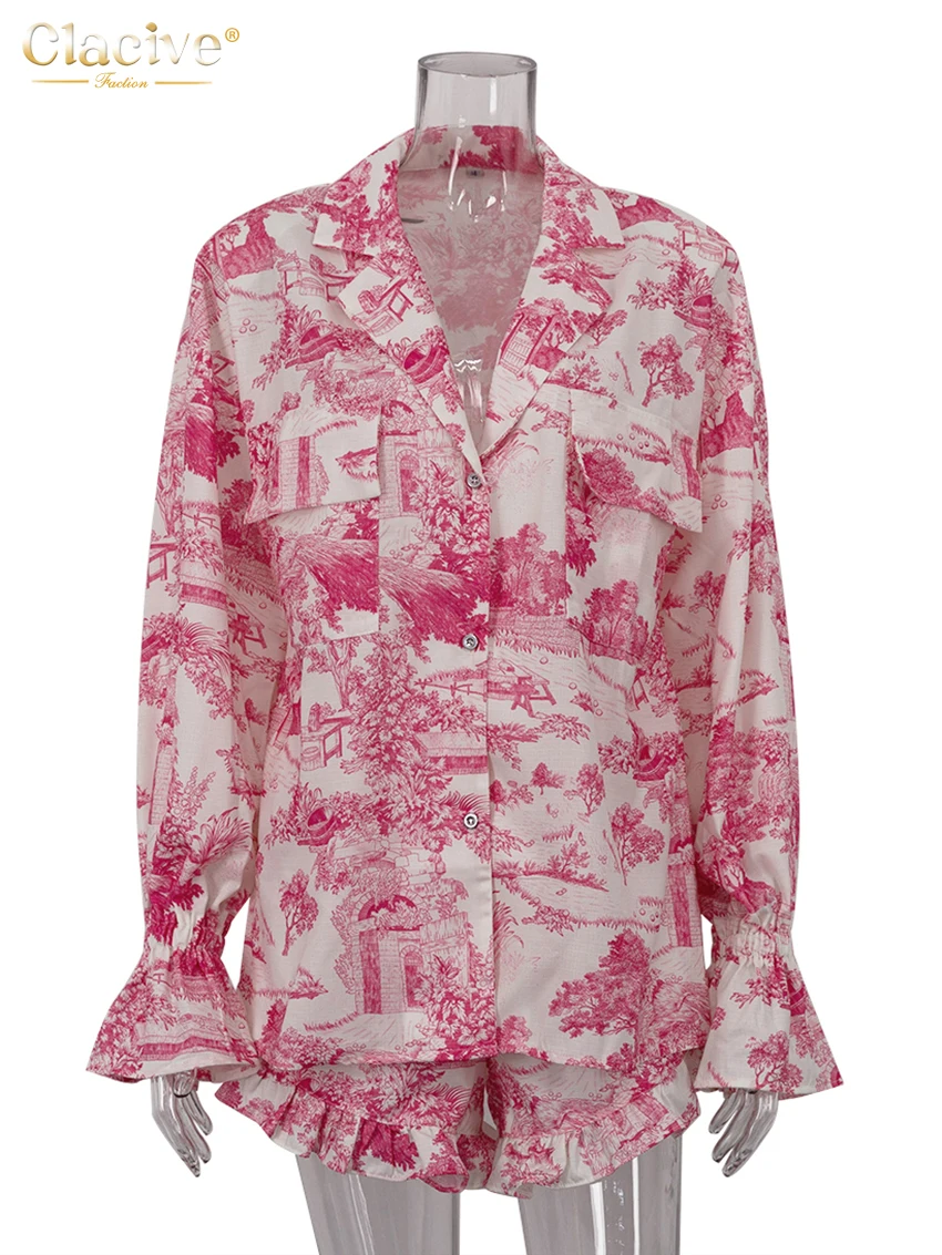 Elegant Women'S Loose Print Shorts & Blouse Set, High Waist Ruffle ...