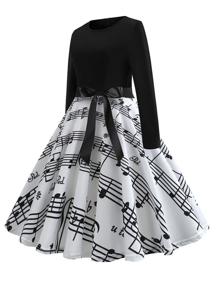 Music Note Print Elegant Party Dress Women Retro Vintage Casual Spring ...