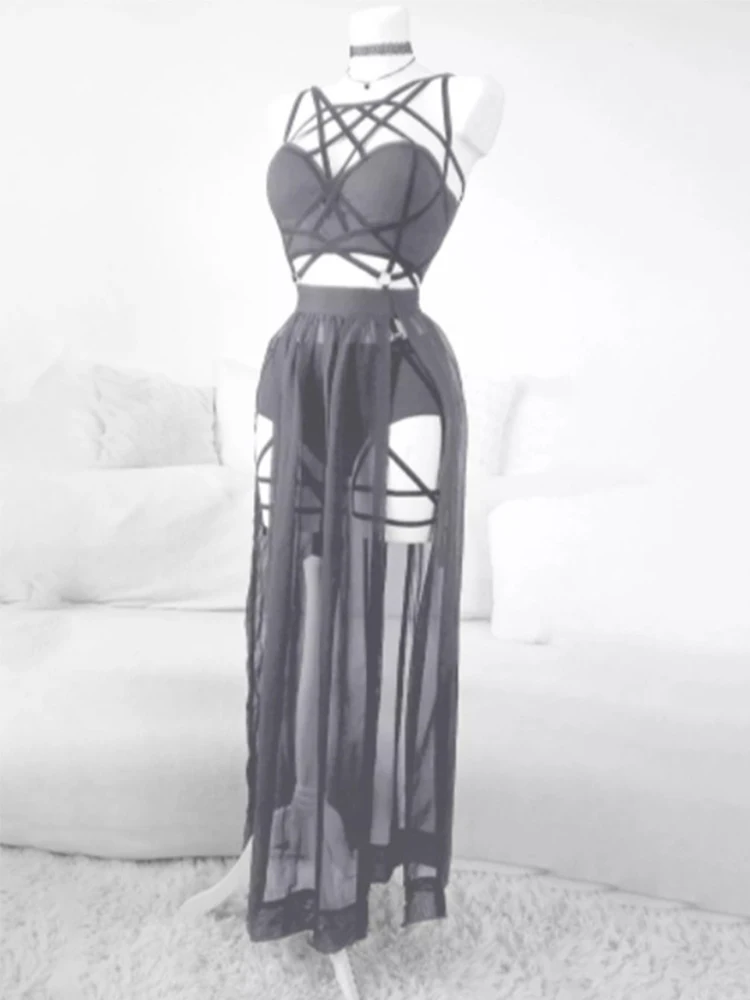 AltGoth Gothic Nightclub Sexy Skirt Set Women See Through Mesh Backless ...