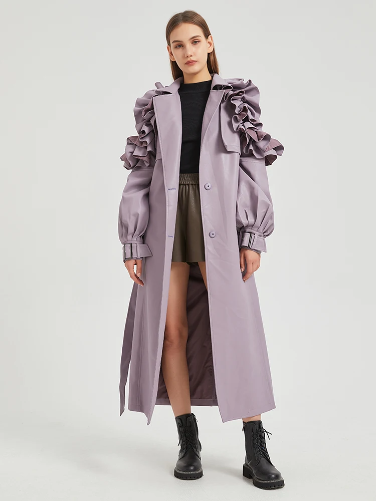 Lautaro Spring Autumn Long Ruffled Soft Pu Leather Trench Coat for ...