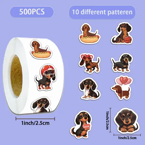 500 Uds lindo perro salchicha pegatina en rollo de dibujos animados ...