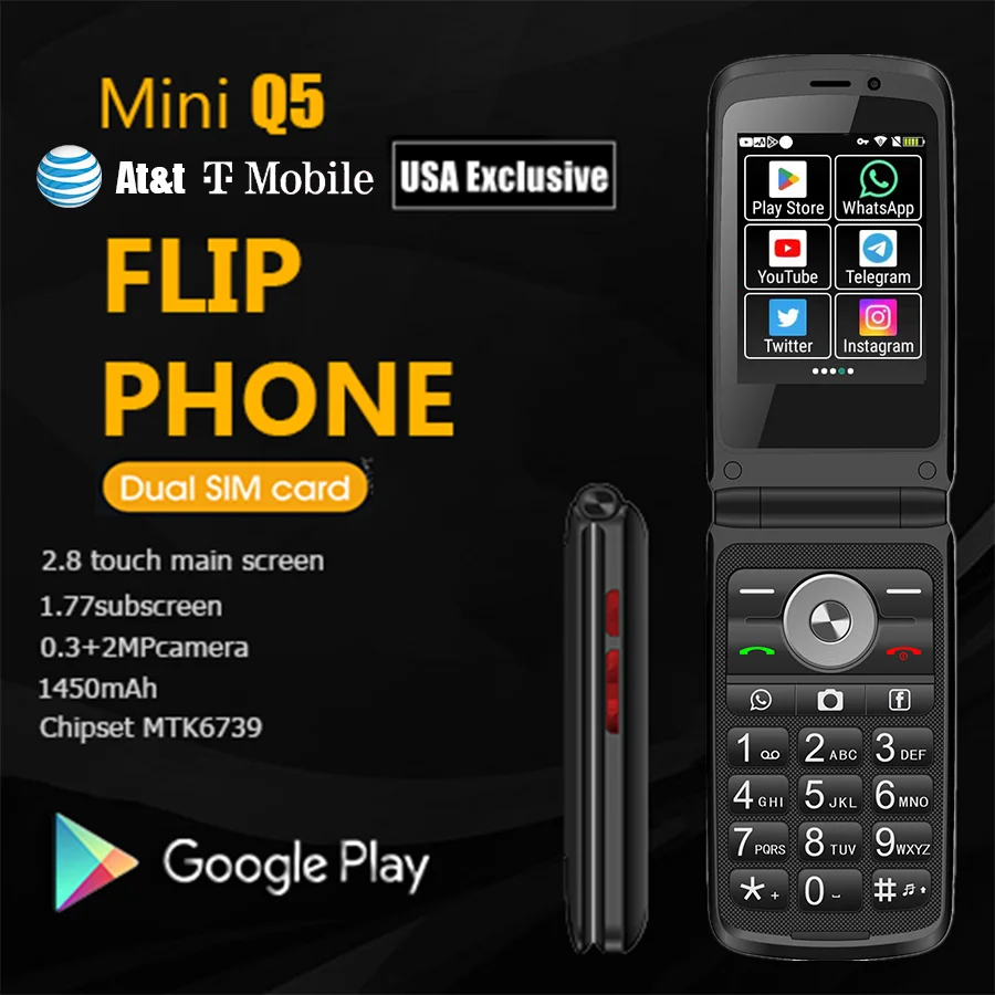 Tiq U.S. 4G Smart Flip Phone At&T Google Play Android