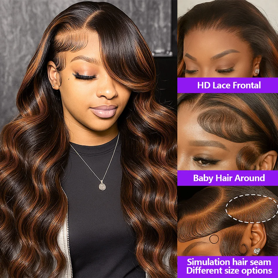 1B/30 Body Wave 13x4 Highlight Hd Lace Front Human Hair Wig 30 Inch ...