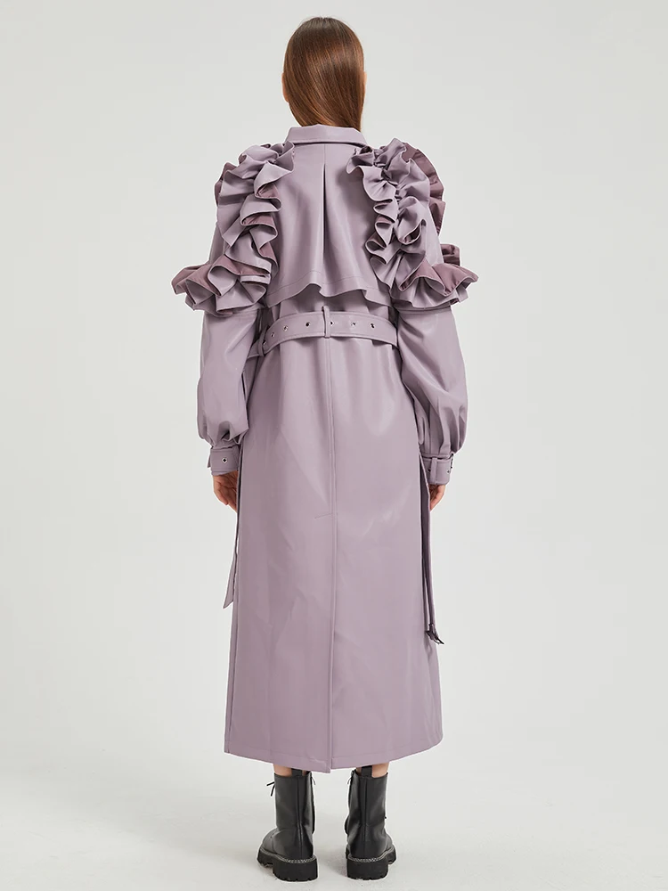 Lautaro Spring Autumn Long Ruffled Soft Pu Leather Trench Coat for ...