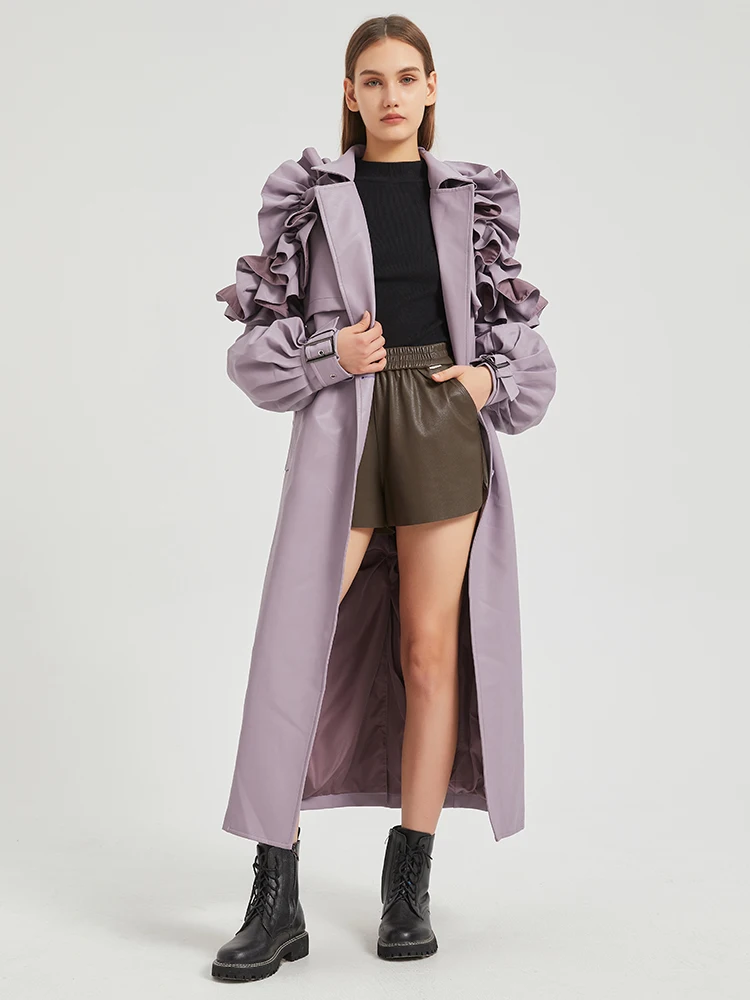 Lautaro Spring Autumn Long Ruffled Soft Pu Leather Trench Coat for ...
