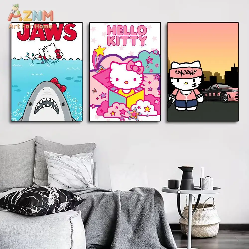AZNM Hello Kitty Canvas Wall Art Set, Cute Cartoon JAWS & Street Style ...