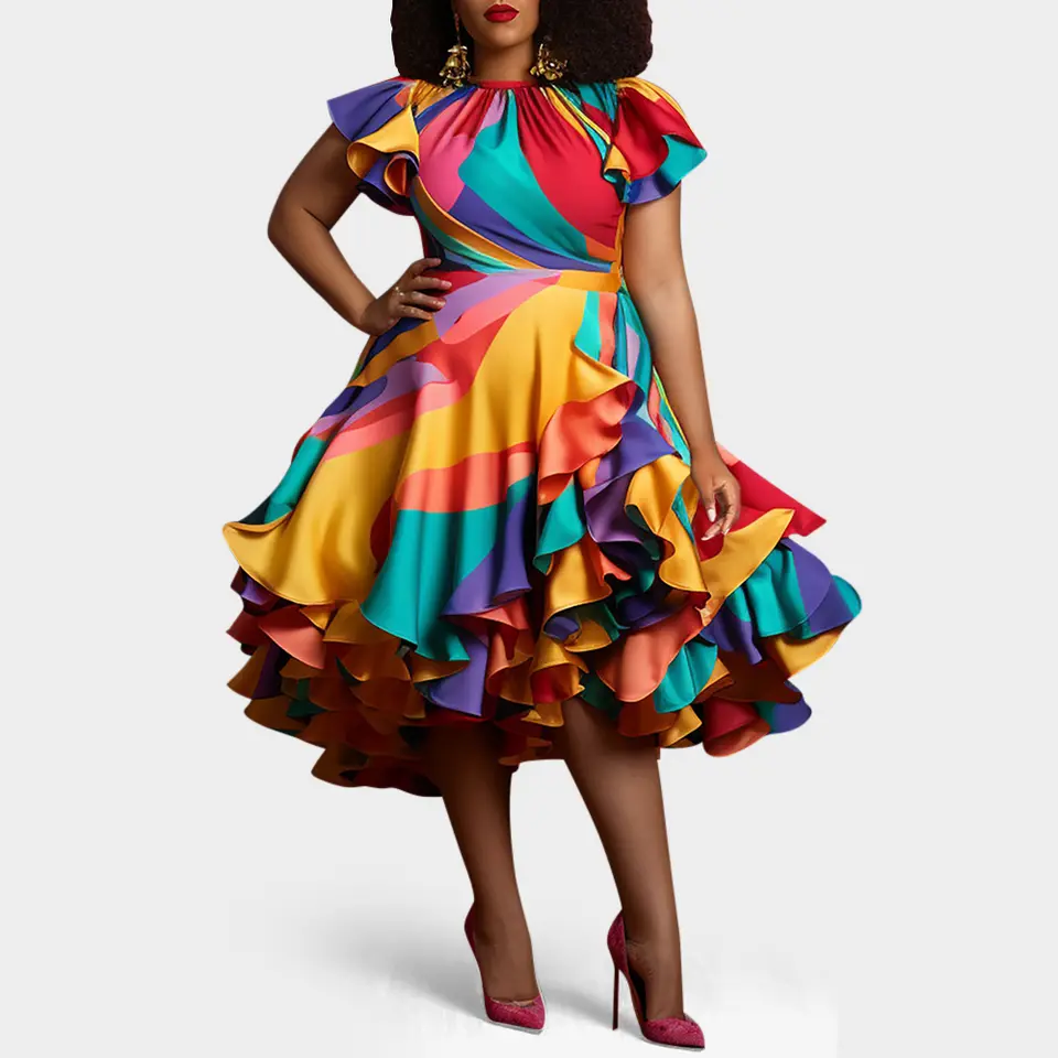 Vintage Multicolor Ruffle Petal Sleeve Prom Dress For Plus Size Birthdays