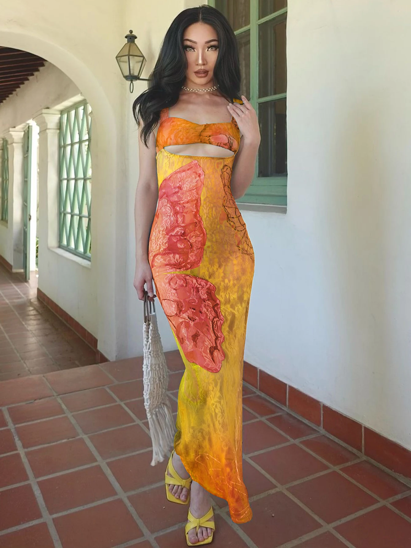 Dulzura Lace Print Cut Out Maxi Dress Bodycon Sexy Party Club Y2K ...