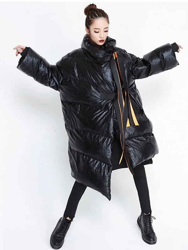 TWOTWINSTYLE Winter Women's Down Jacket Long Sleeve Patchwork Ribbons ...