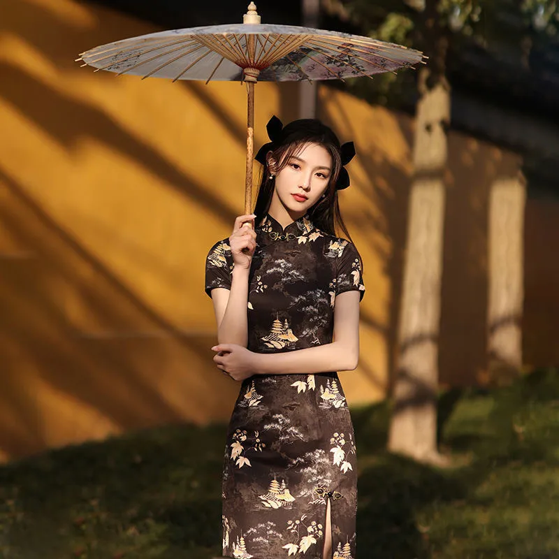 Women Vintage Elegant Hanfu Cheongsam Sexy Slim Short Sleeve Summer ...