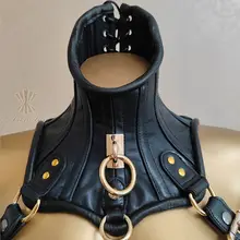 A luxurious leather corset with gold accents, designed for a ...