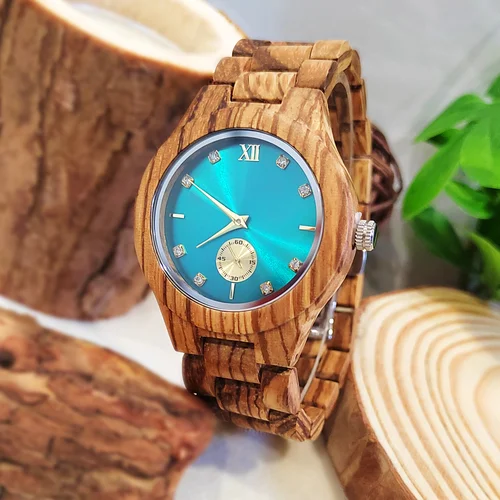 Reloj De Pulsera De Madera Para Mujer, Esfera De Diamante