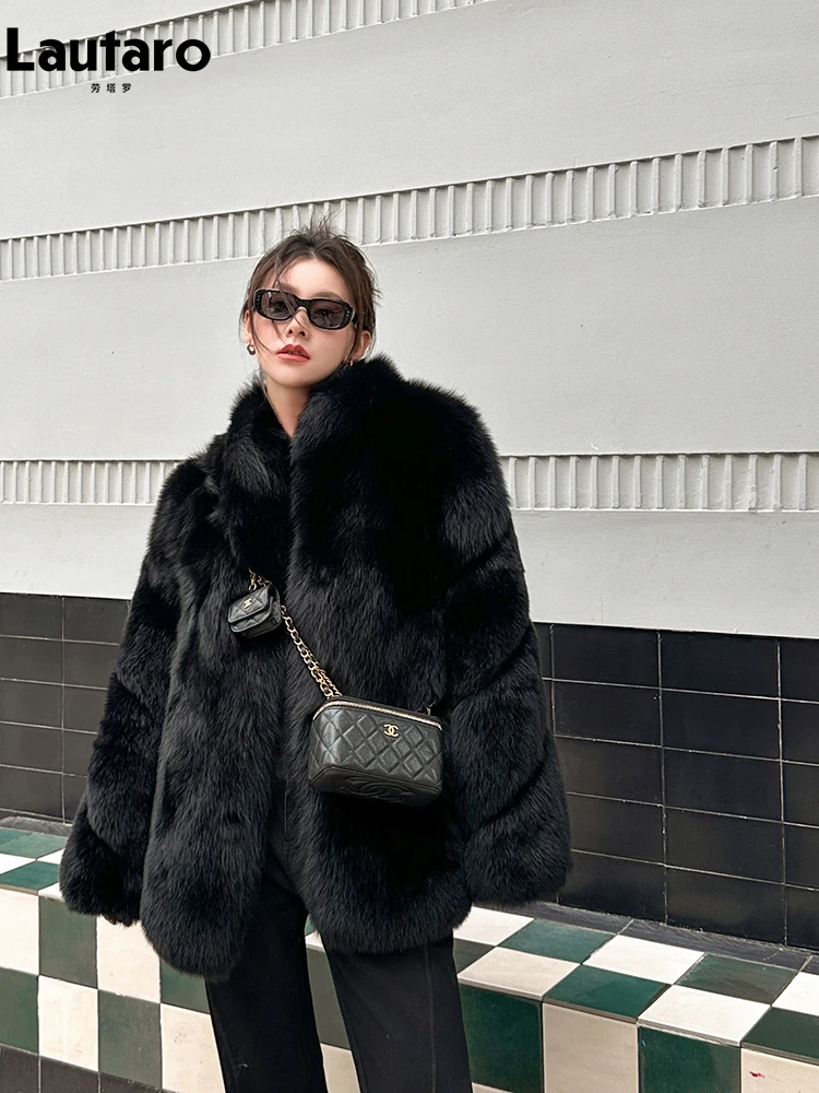 Black Fluffy Faux Fox Fur Coat For Women, Cozy And Stylish.