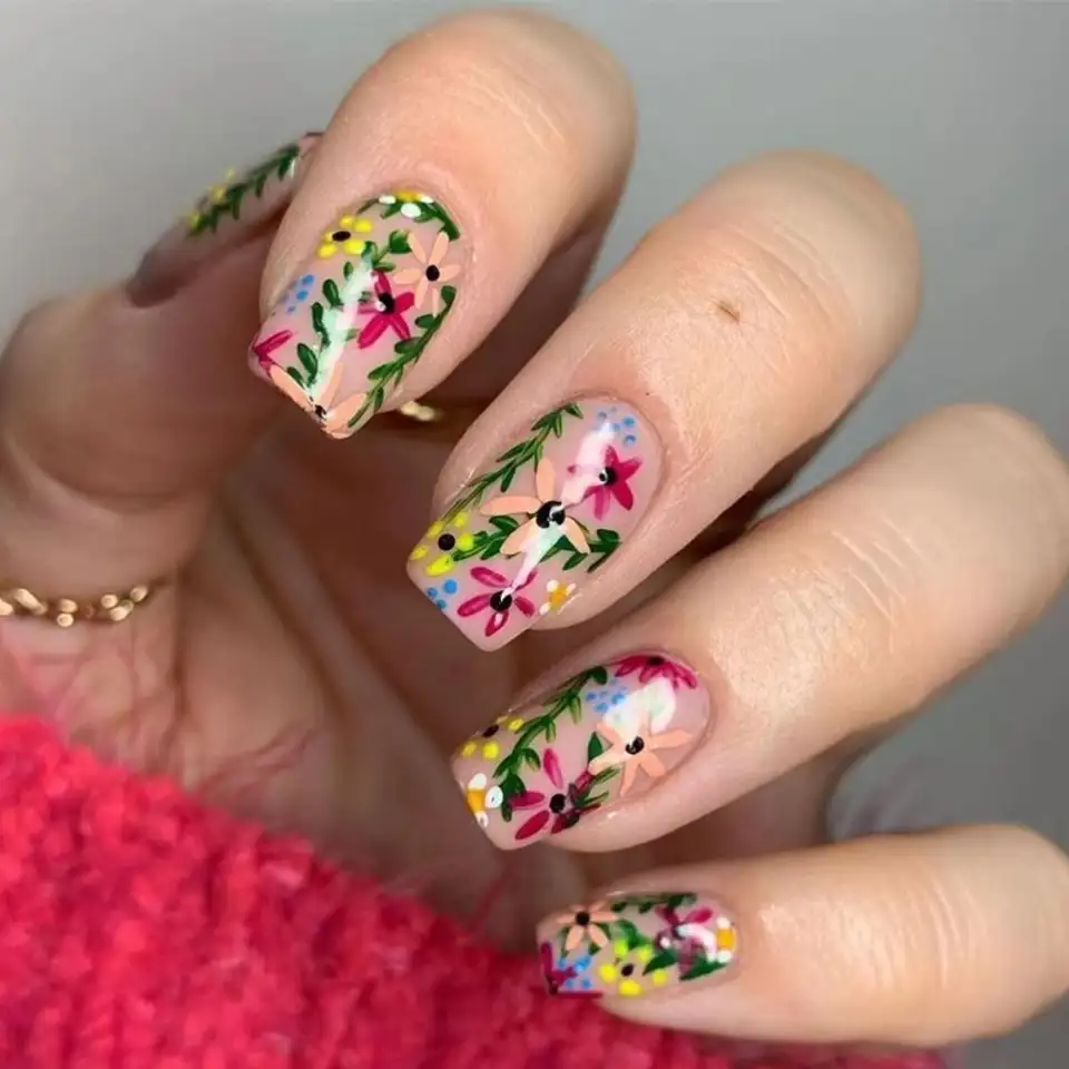Summer Square False Nails With Flower Patterns, Detachable Press-On ...