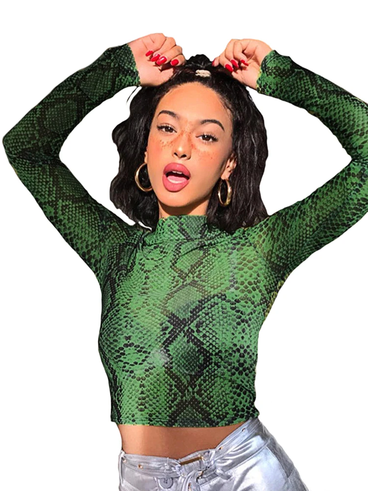 Casual Green Snake Print T Shirt Women Mesh Top Long Sleeve Transparent ...