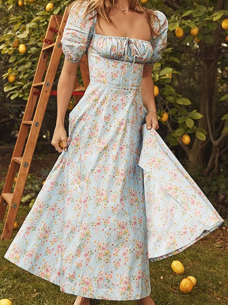 Women Maxi Dress Floral Print Long Dress Summer Puff Sleeve Ruffles ...