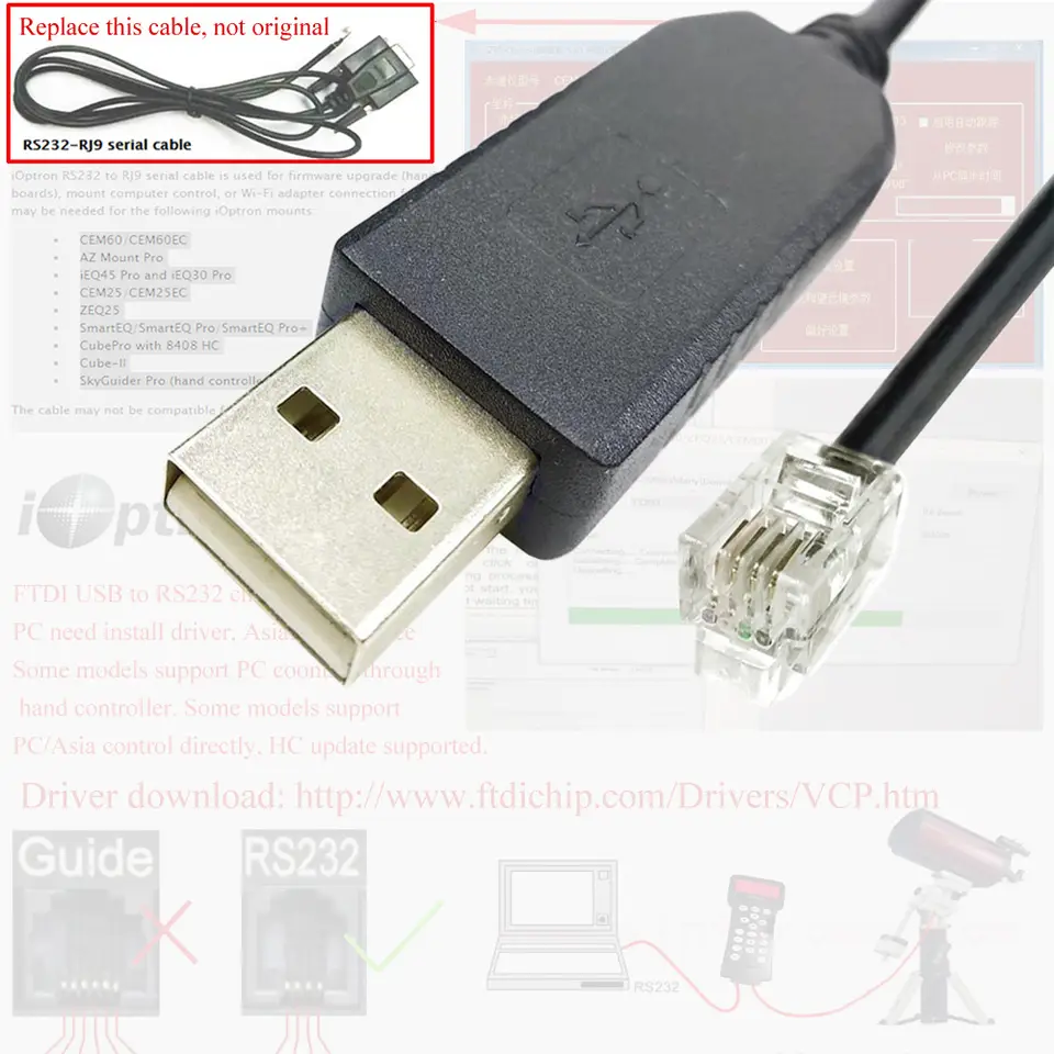 USB to RJ9 4P4C RS232 Serial for Ioptron Telescope IEQ30 Cem25 CEM60 ...