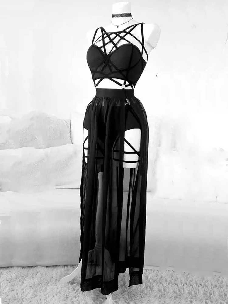 AltGoth Gothic Nightclub Sexy Skirt Set Women See Through Mesh Backless ...