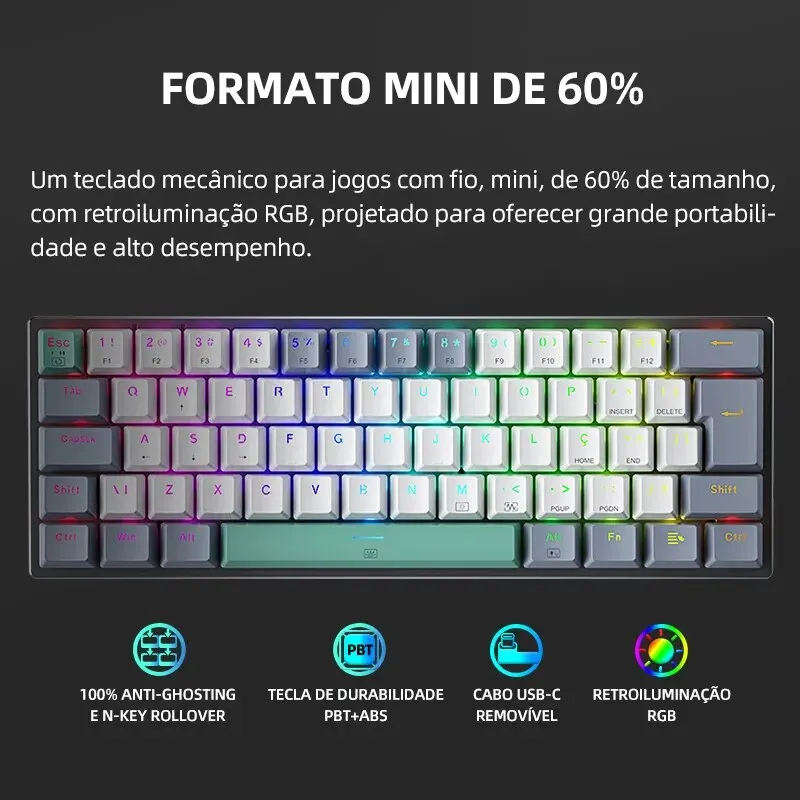 Machenike K500-B61 Mini Teclado Mecânico 60% ABNT2 Layout RGB Backlight ...