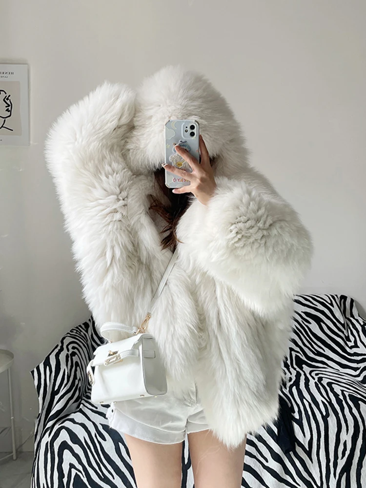 Lautaro Winter Shaggy Hairy Thick Warm Soft Colored Faux Fur Jacket Women with Hood Bat Sleeved ...
