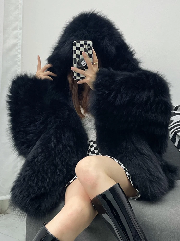 Lautaro Winter Shaggy Hairy Thick Warm Soft Colored Faux Fur Jacket Women with Hood Bat Sleeved ...
