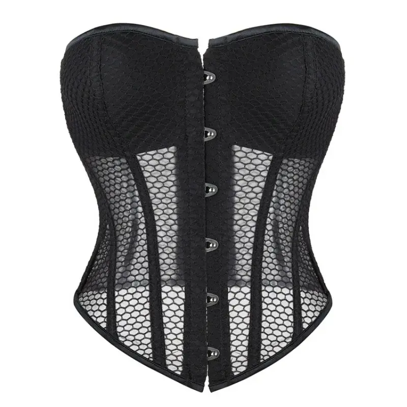 Women Sexy Corset Top Lace Up Plastic Boned Bustier Hollow Out Mesh ...