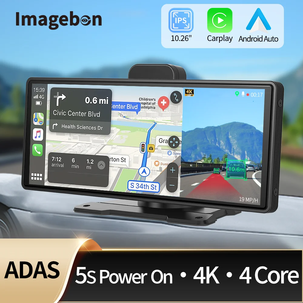 Imagebon 10.26" H9 Pro 4K Dash Cam ADAS Wireless CarPlay Android Auto ...