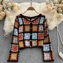 Chic Indie Folk Cardigan For Women, Crocheted Flower Detail, Perfect ...