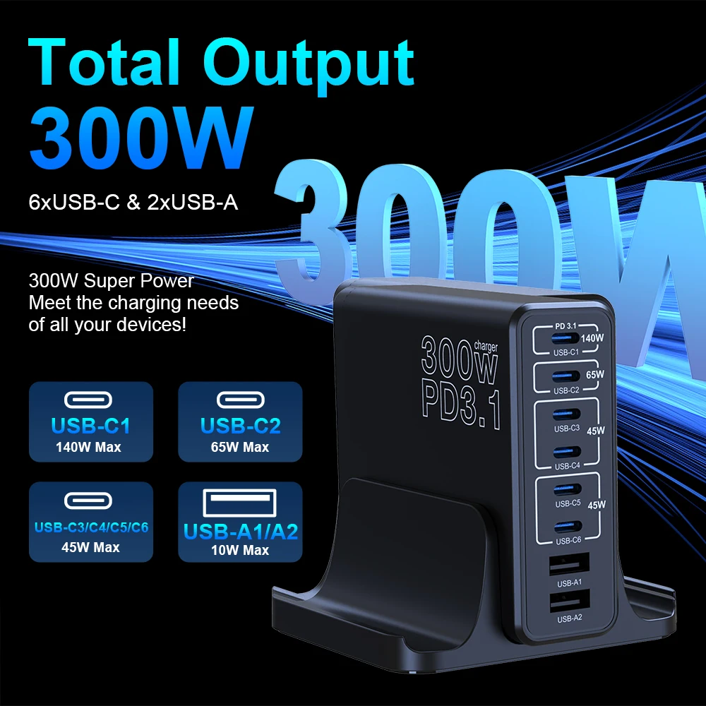 Ubigbuy 300W USB C Fast Charger Multi Port GaN 140W PD 3.1 Charging ...