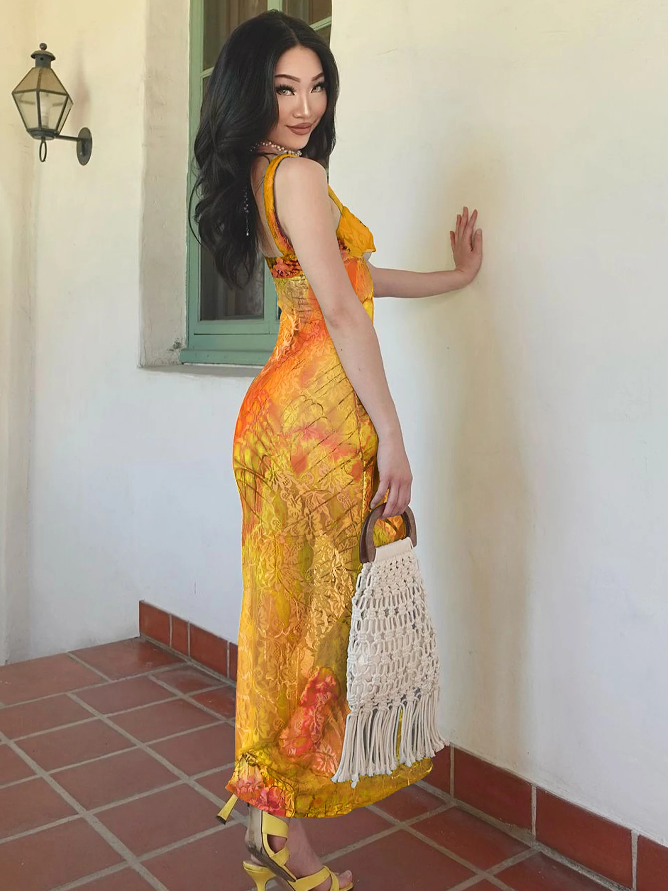 Dulzura Lace Print Cut Out Maxi Dress Bodycon Sexy Party Club Y2K ...