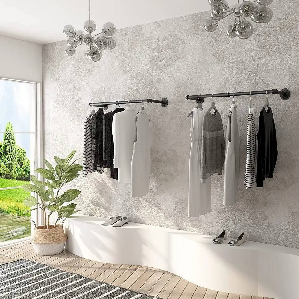 Industrial Pipe Clothes Rack, Wall-Mounted Garment Organizer, Storage ...