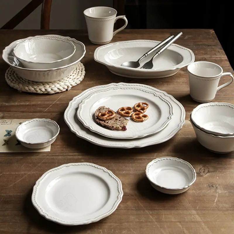 Vintage Embossed Ceramic Dinner Plates, French Classical Relief Craft.