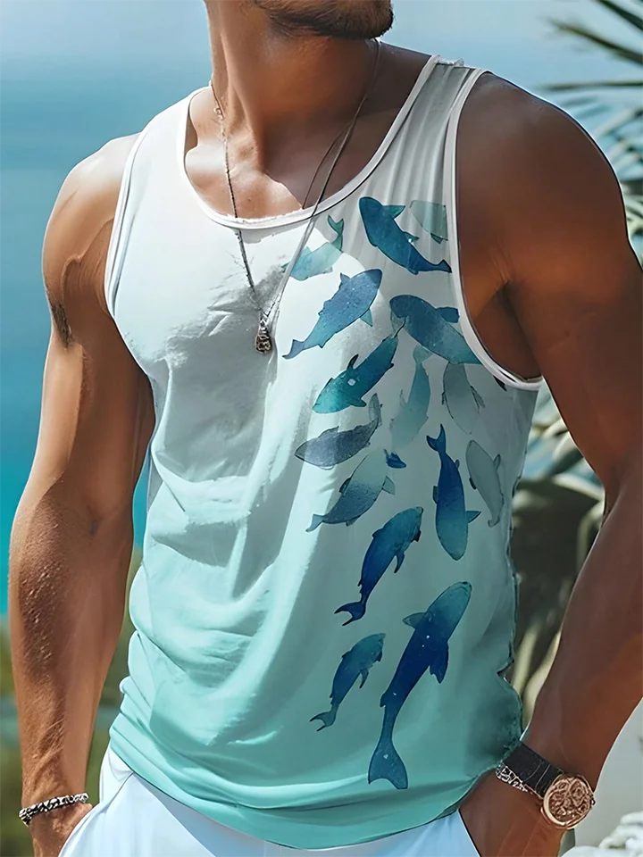 Summer Casual Men'S Fish Print Tank Top, Hawaiian Style Seaside Fashion.