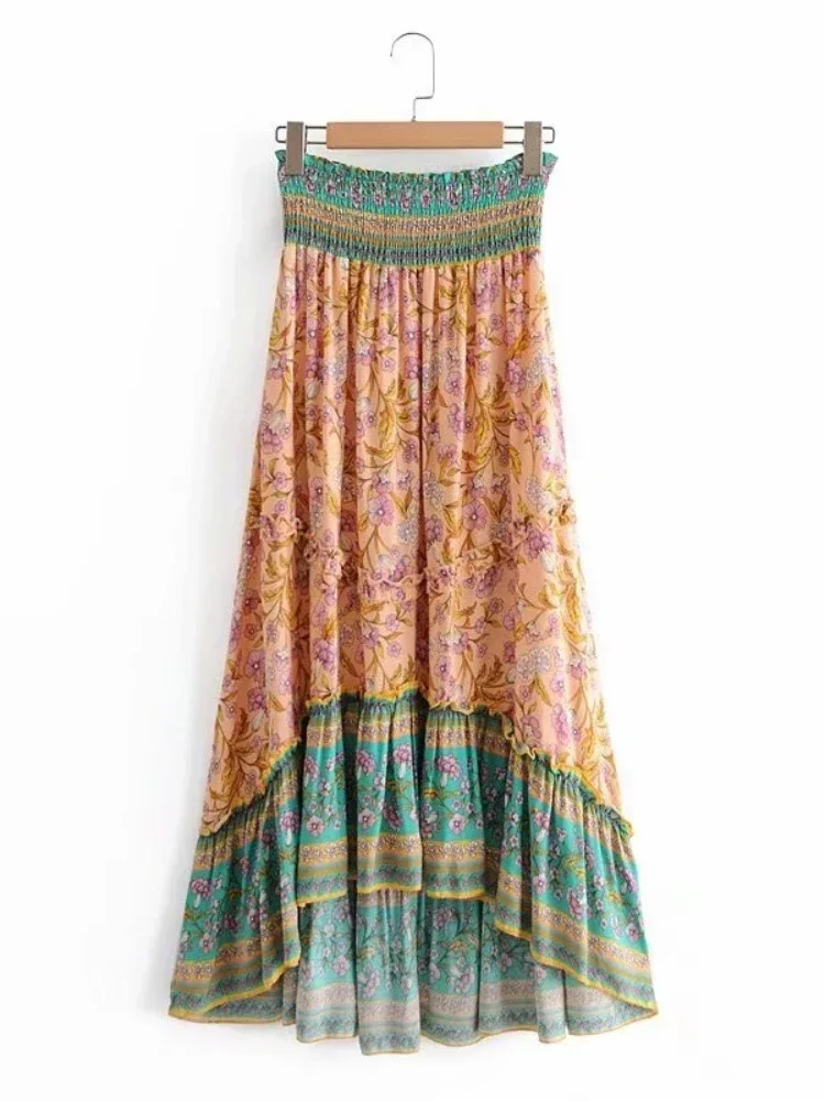 Vintage Chic Hippie Women Floral Print Beach Bohemian Long Skirt High ...
