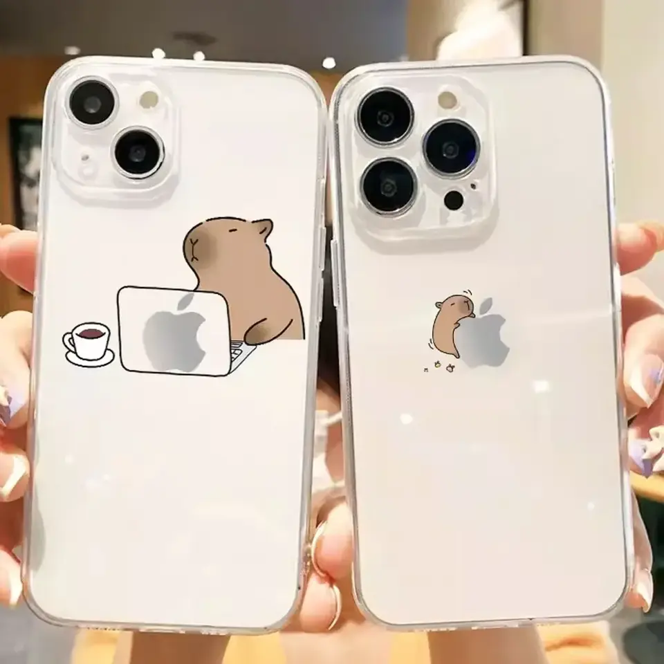 Cute Cartoon Capybara Couple Iphone 13 Case, Transparent Funda