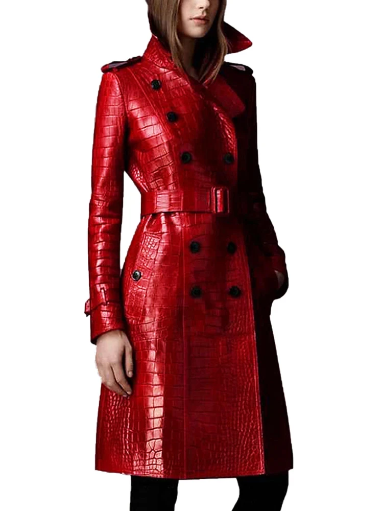 Elegant Red Crocodile Print Trench Coat | Women'S British Style Fashion ...